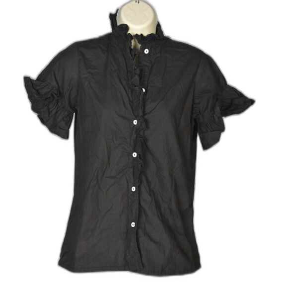 Mille | Tops | Mille Black Ruffle Front Button Down Cotton Blouse Size ...